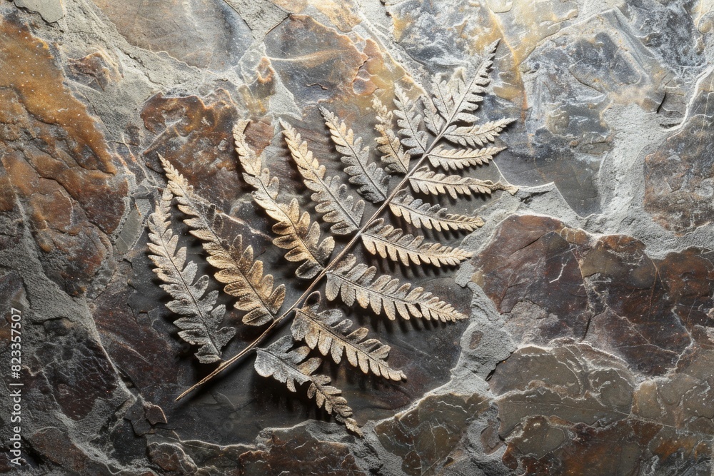 Preserved fern fossil on a multi-colored rock surface, showcasing ...