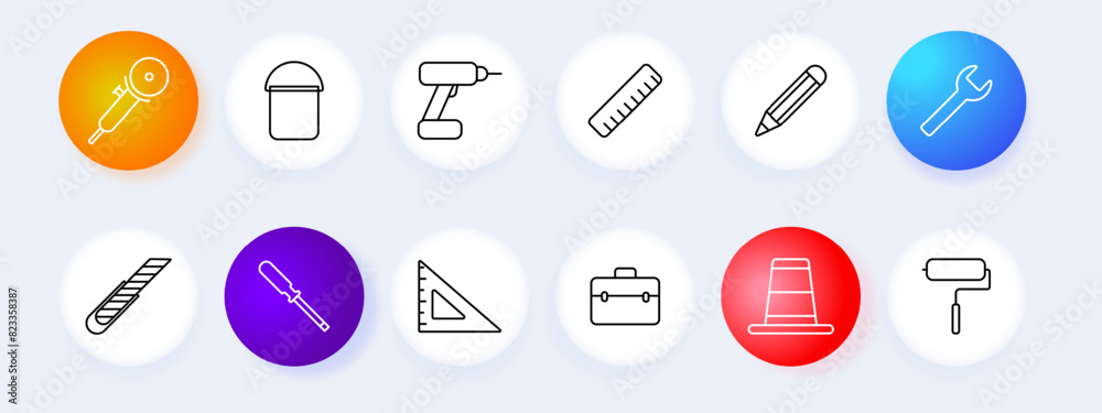 Construction tools set icon. Cutter, bucket, drill, ruler, pencil ...