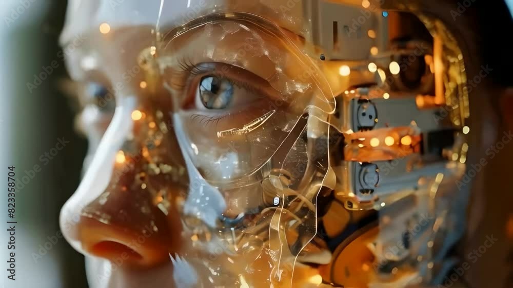 Macro shot of a female cyborg humanoid robot in a futuristic setting ...