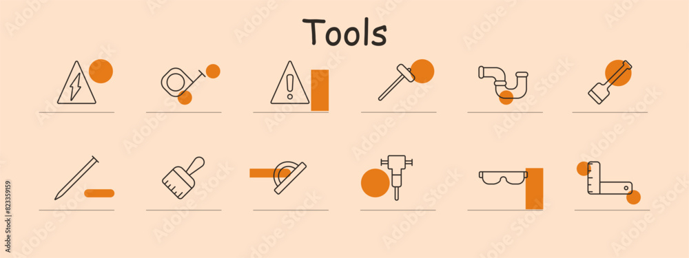 Tool icon set. High voltage warning, tape measure, caution sign, hammer ...