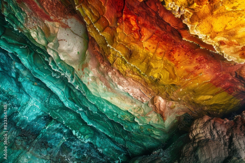 Striking image of mineral-rich layers in a cave showing vibrant colors ...