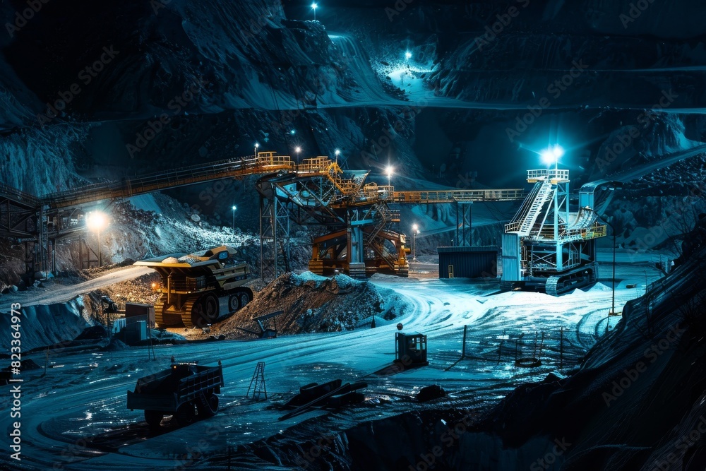 Snow-covered open-pit mining site under the cold night sky, with ...