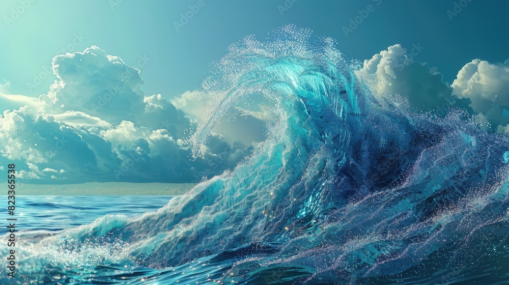Serene pixels sea turning into towering wave, symbolizing sudden and ...