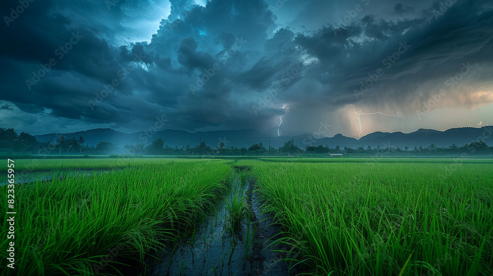 A dramatic photo of a rice field during a heavy rainstorm, with dark ...