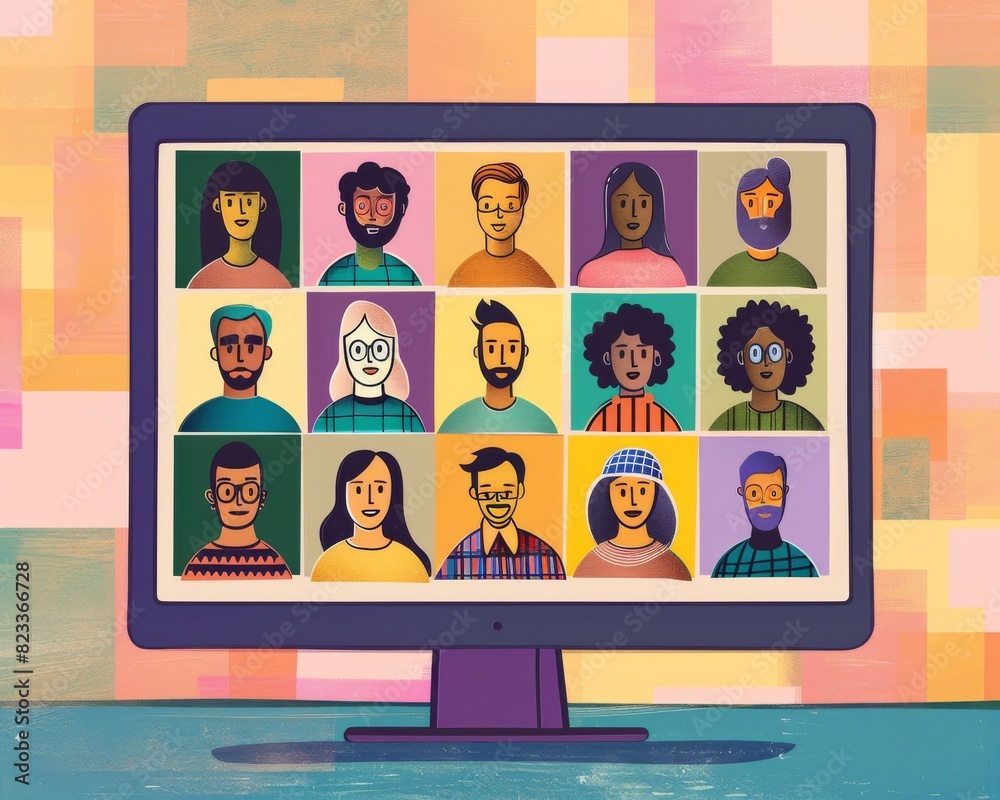 A computer screen displaying a virtual meeting with a diverse group of ...
