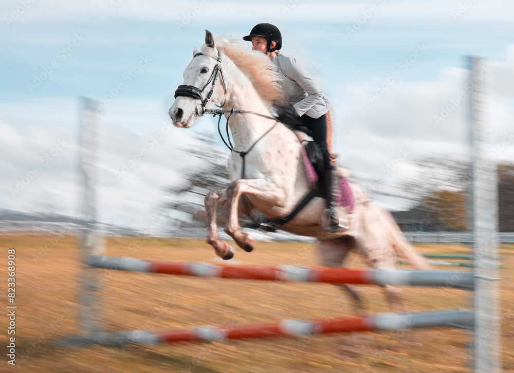 Woman, horse and jump obstacle in outdoor, countryside and equestrian ...
