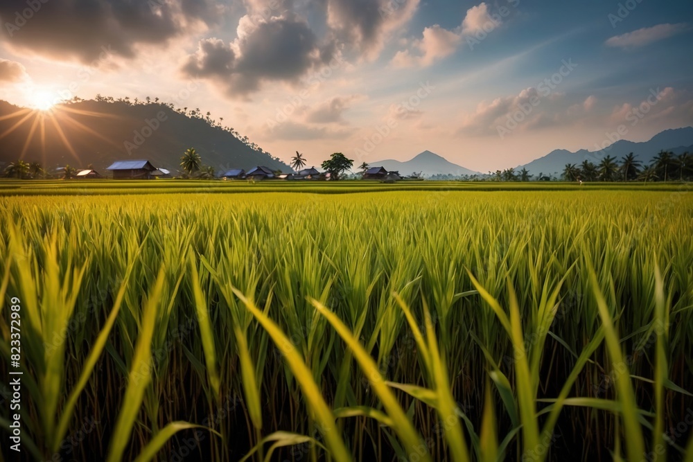 Padi field of rice crop, grain plants for crop in tropical farm Stock ...