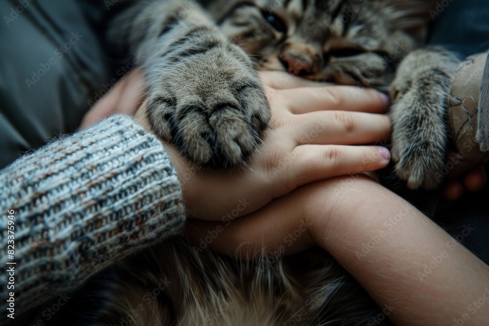 The hands of the family and the furry paw of the cat as a team ...