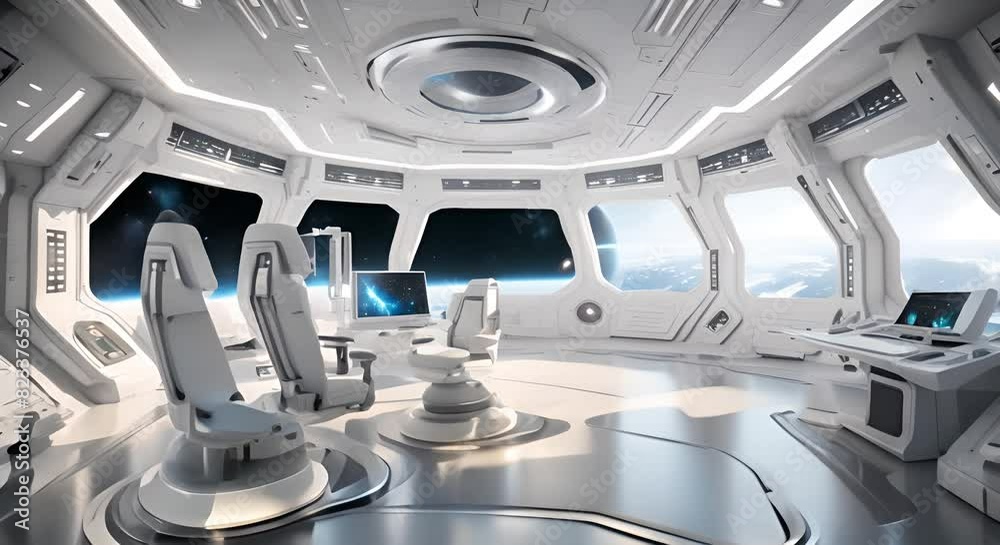 white clean spaceship interior with view on planet. seamless looping ...
