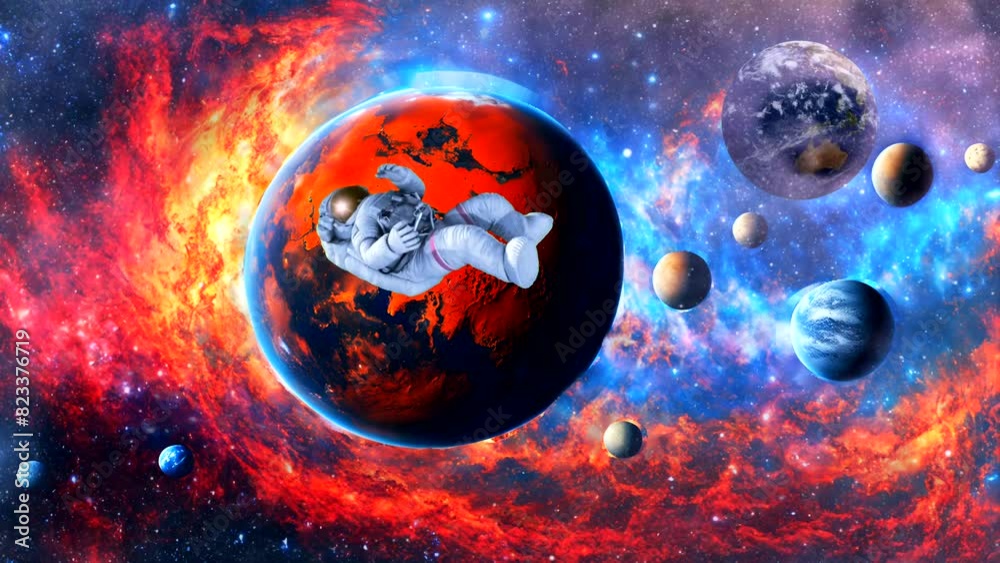 Astronaut and planets in outer space with galaxy sky background ...