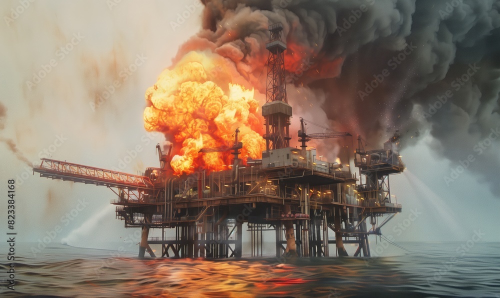 explosion on an oil platform, fire on an oil rig, oil leak ...