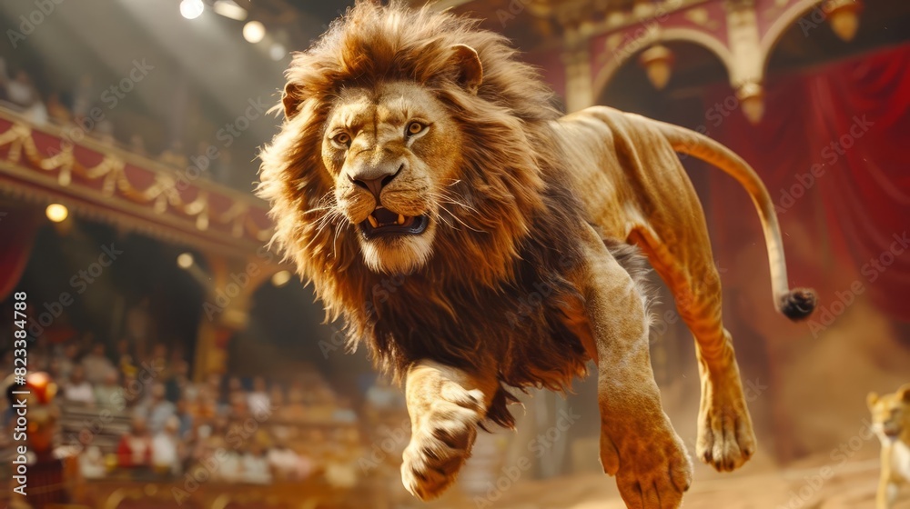 Depict a lion tamer guiding a lion through a series of jumps and tricks ...