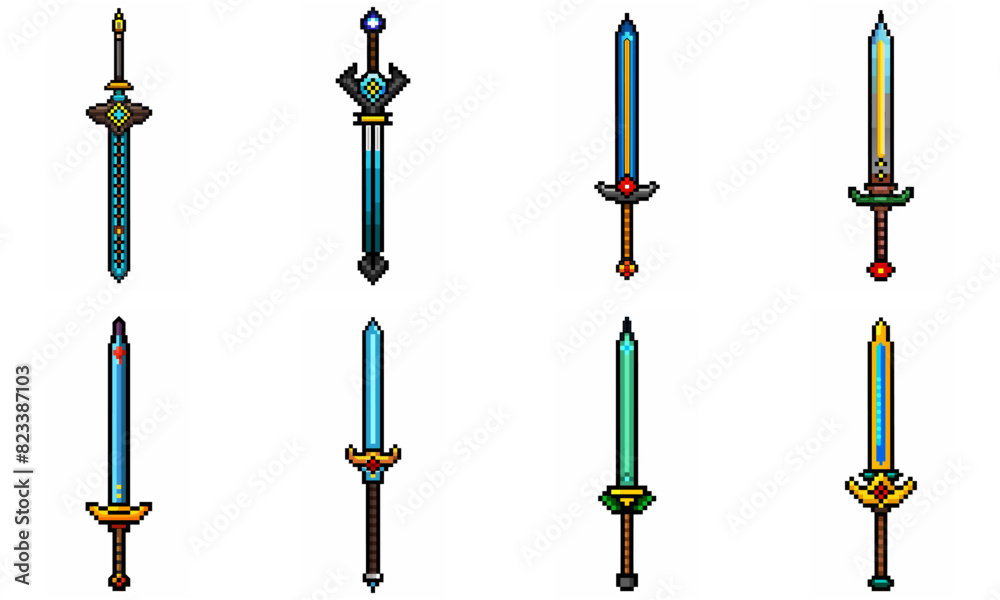 Pixel art weapon sword craft set. Retro rpg style swords isolated ...
