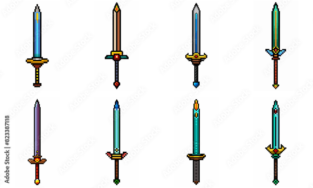 Pixel art weapon sword craft set. Retro rpg style swords isolated ...