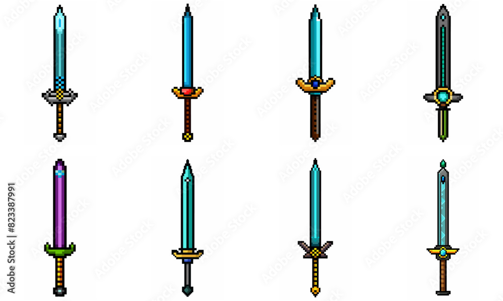 Pixel art weapon sword craft set. Retro rpg style swords isolated ...
