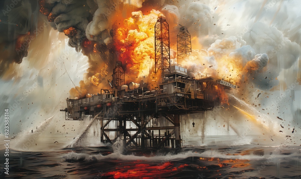 explosion on an oil platform, fire on an oil rig, oil leak ...