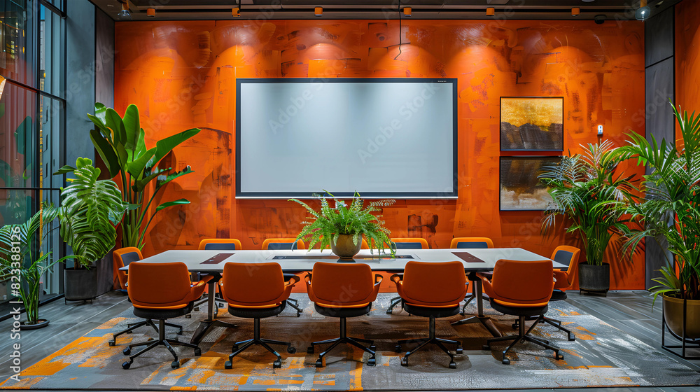 Business Meeting: A conference room setting with a long table, chairs ...