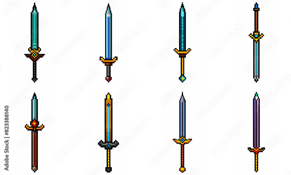 Pixel art weapon sword craft set. Retro rpg style swords isolated ...