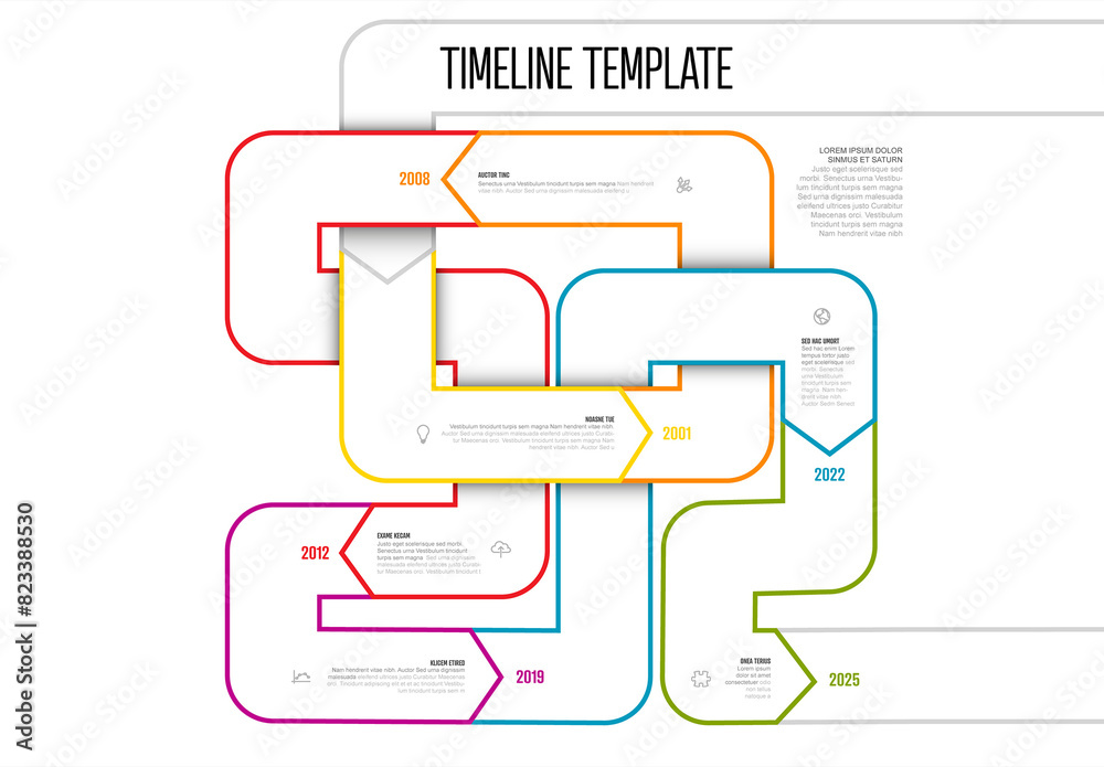 Thick timeline with color borders, arrows and big milestone ...