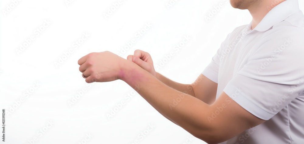 Person in white shirt with skin irritation on arm, scratching red rash ...