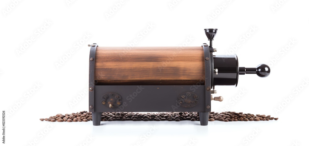 Vintage coffee bean roaster on white background with coffee beans ...