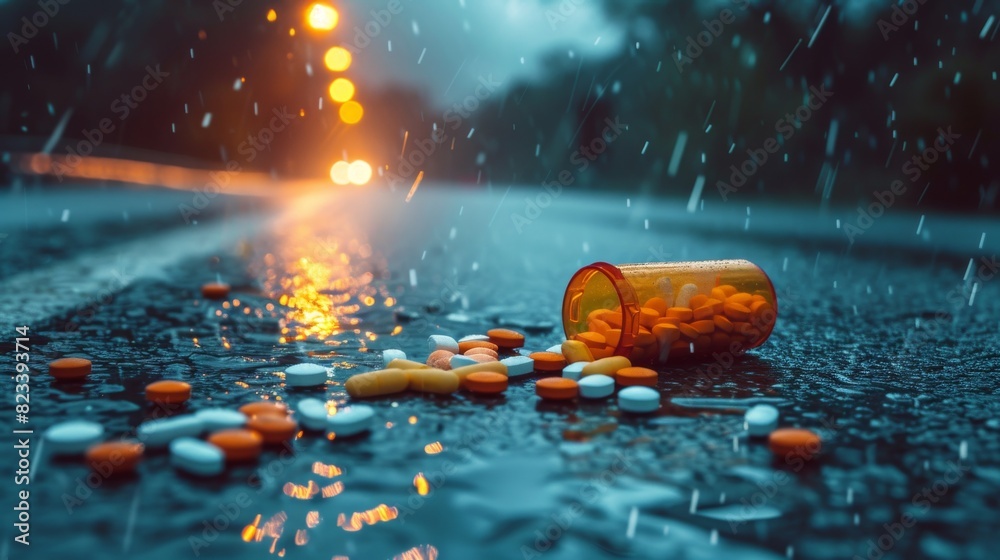 Foto de Orange prescription pill bottle tipped over on a rainy road at ...