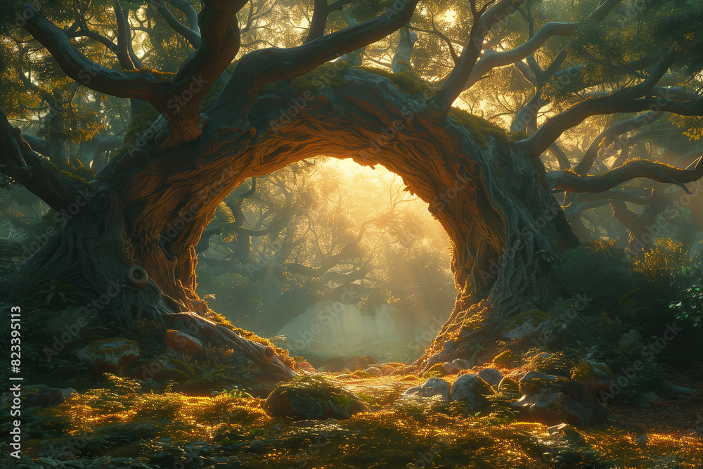 Ancient Tree with Hollow Trunk in Enchanted Forest. A large ancient ...