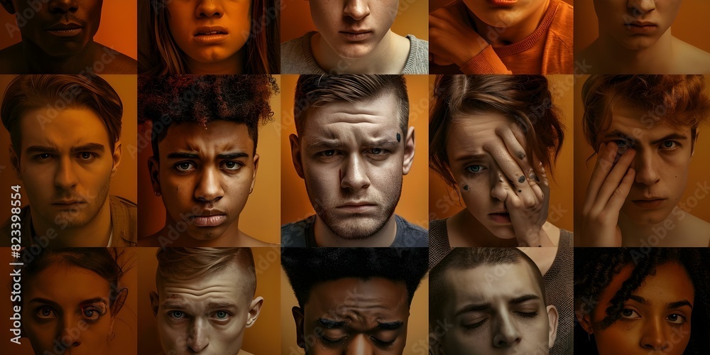 Numerous faces men and women express mental health struggles and ...