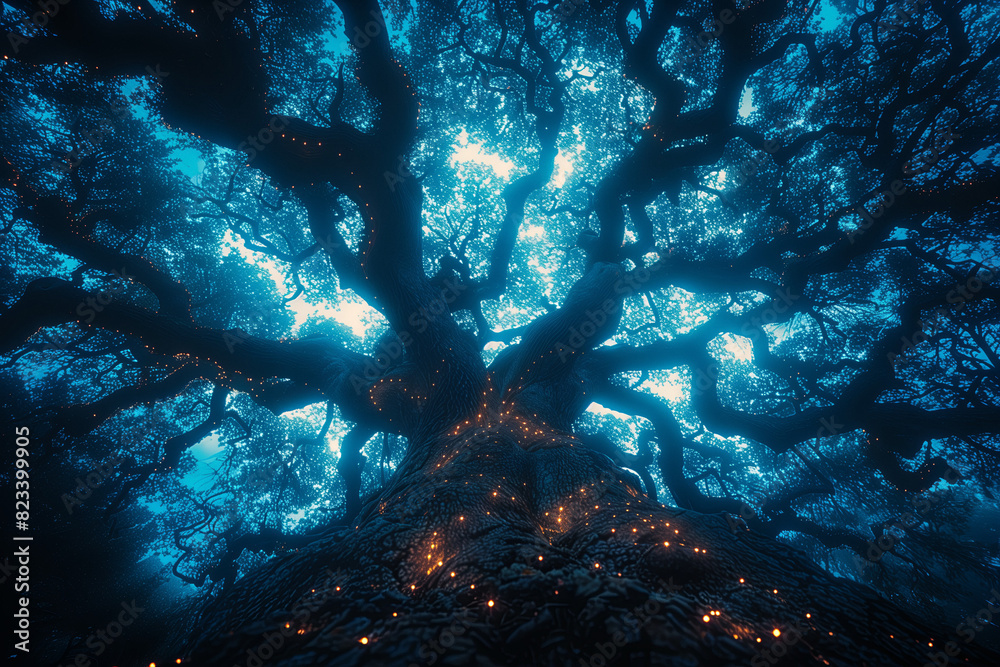 Magical Tree Illuminated by Starry Lights at Night. A large, ancient ...