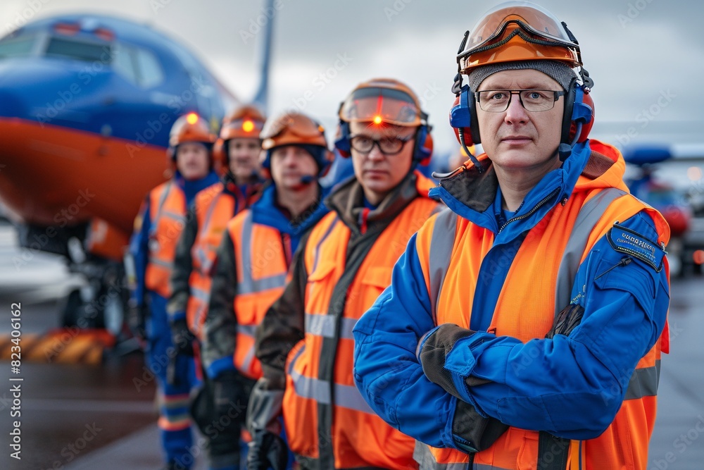 A group portrait of aircraft engineers standing together on the tarmac ...