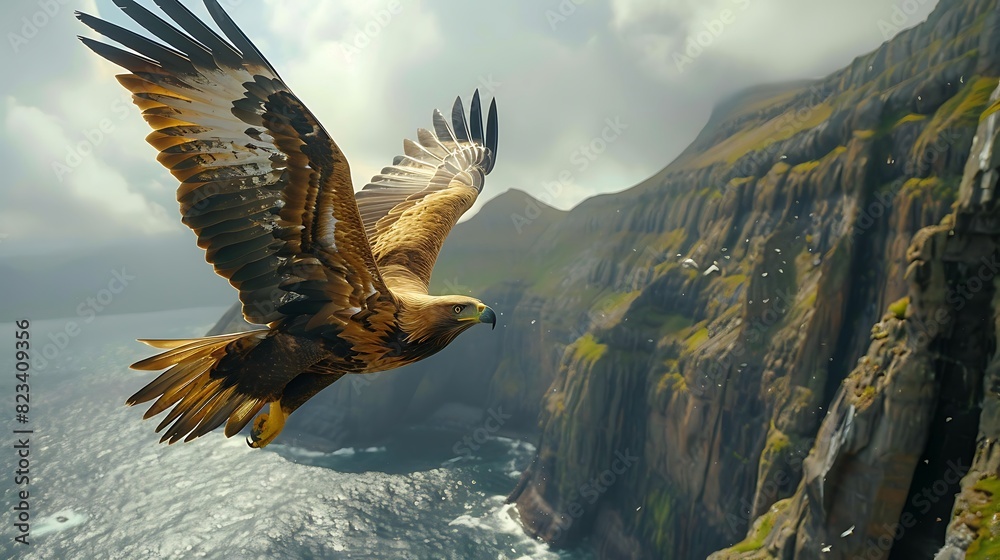 Soaring high above windswept cliffs of the Faroe Islands a majestic ...