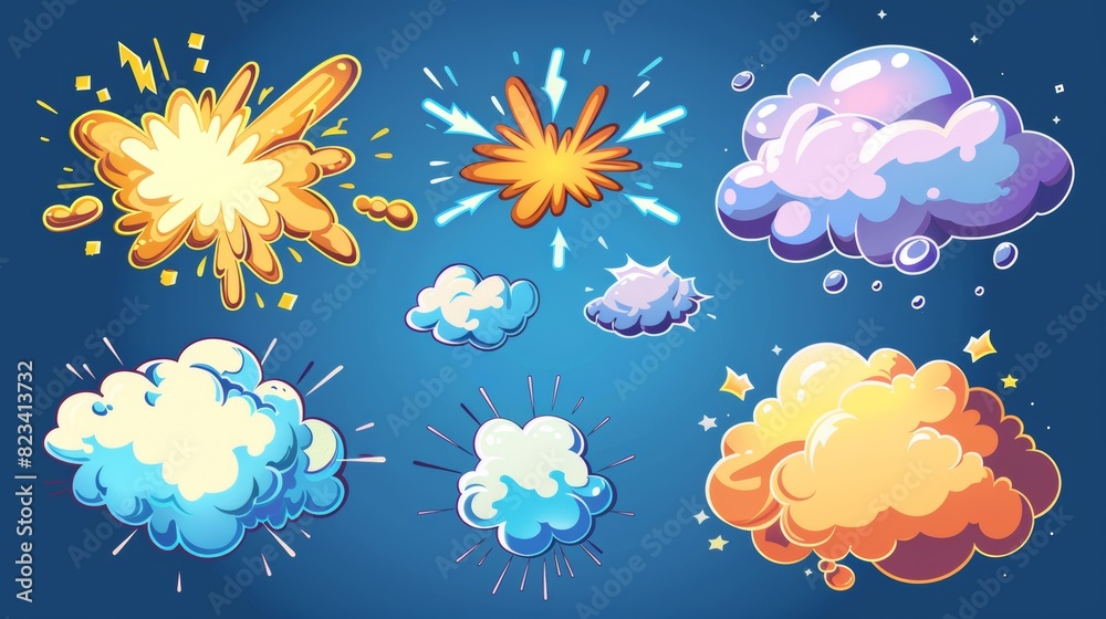Cartoon explosions funny comical speech clouds, comic words, thinking ...
