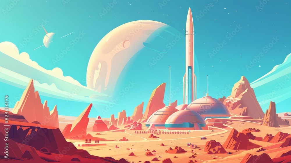Mars landscape with colony base and flying rockets. Modern cartoon ...