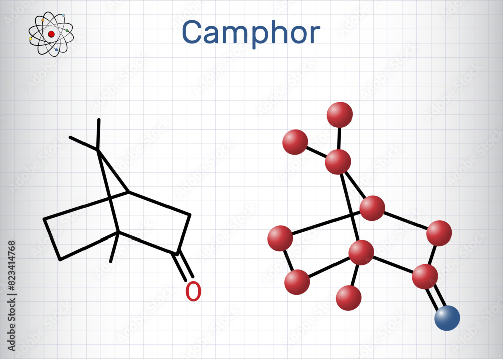 Camphor molecule. It is terpenoid and a cyclic ketone. Structural ...