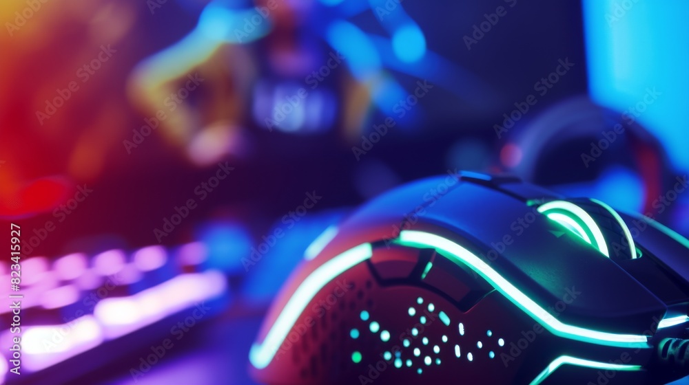 Vibrant close-up of an RGB gaming mouse on a blurred desktop ...