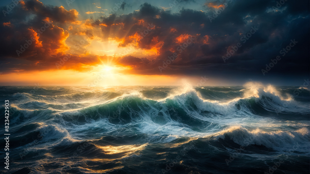 Stormy sea at night. Heavy sea. A strong storm with big waves in the ...