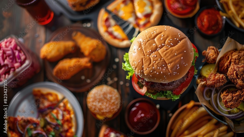 An appetizing selection of fast food including burgers, pizza, fries ...