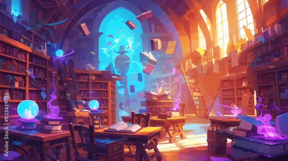 Wizard and witch students, flying glowing books and wands, bookshelves ...