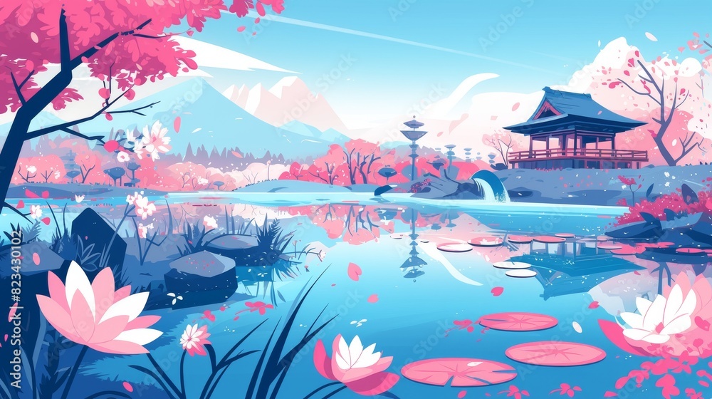 Animated illustration of a Japanese forest with pond and a flower ...