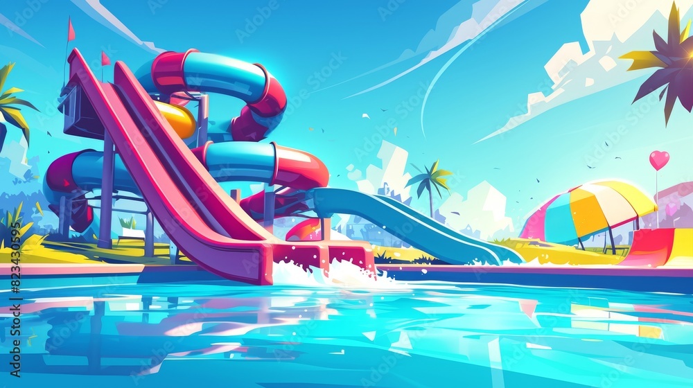 Animated water slide in summer aqua park swim pool cartoon background ...
