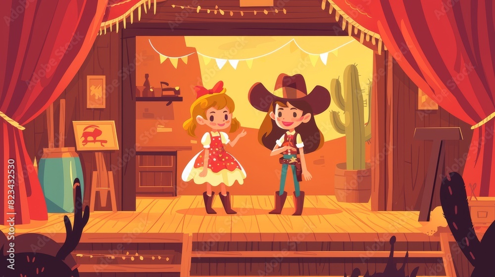 Theatrical performance of kids on stage in a saloon depicting the Texas ...