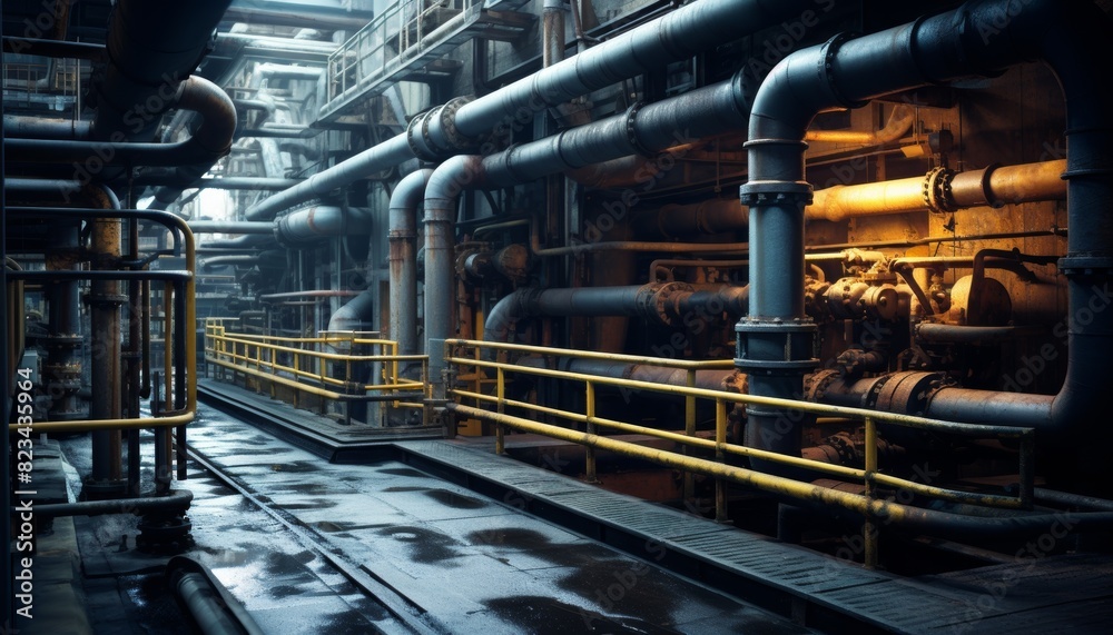 Dimly lit industrial warehouse with complex piping system and metal ...