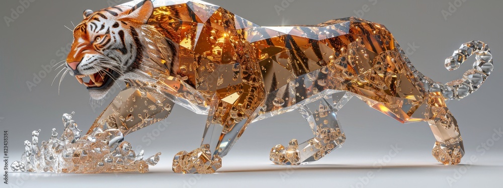 3D super cute running tiger made of clear diamonds, shiny translucent ...