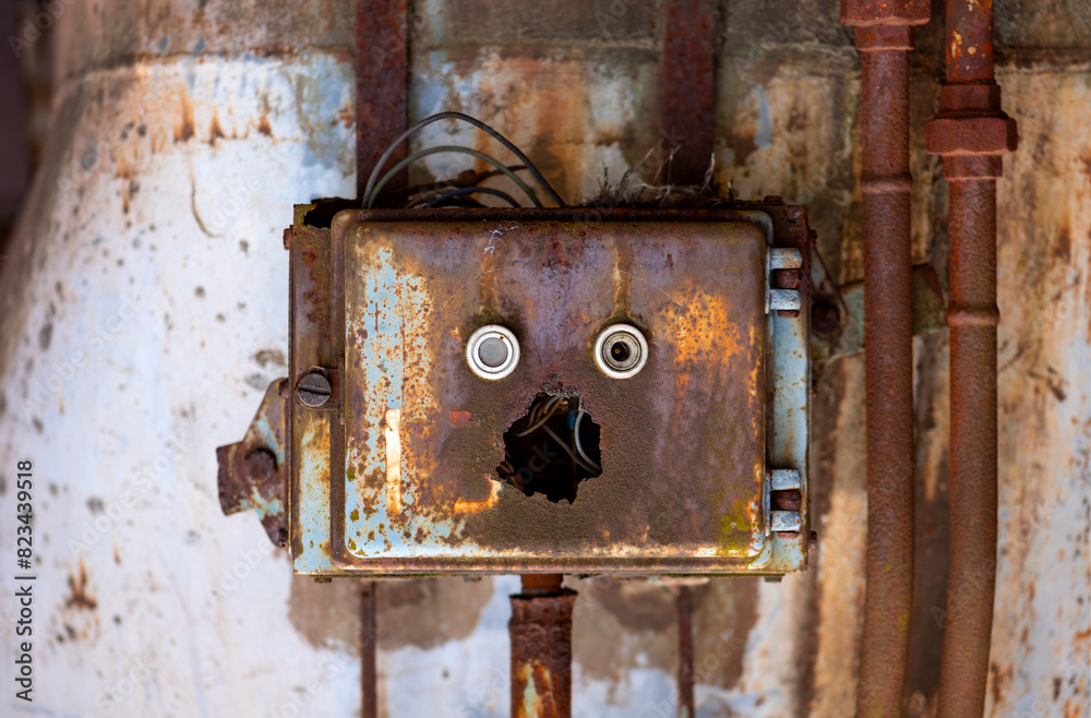 Rotten switch box at ruined factory site with rusty and weathered ...