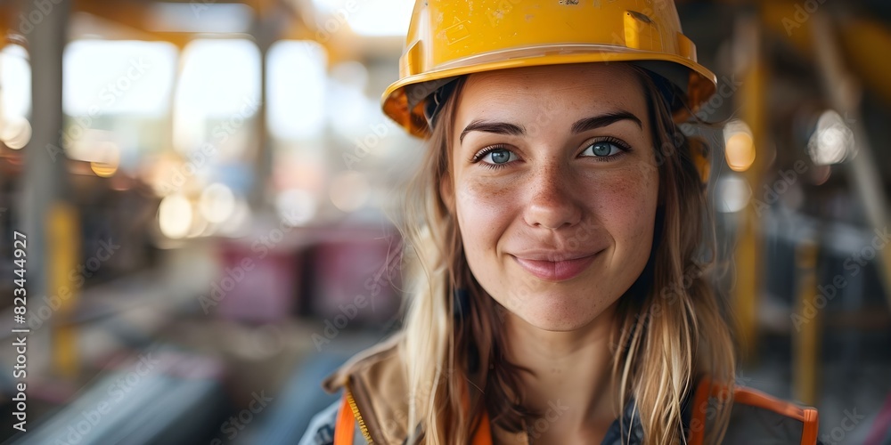 Young female construction worker in helmet at construction site smiling at camera. Concept ...