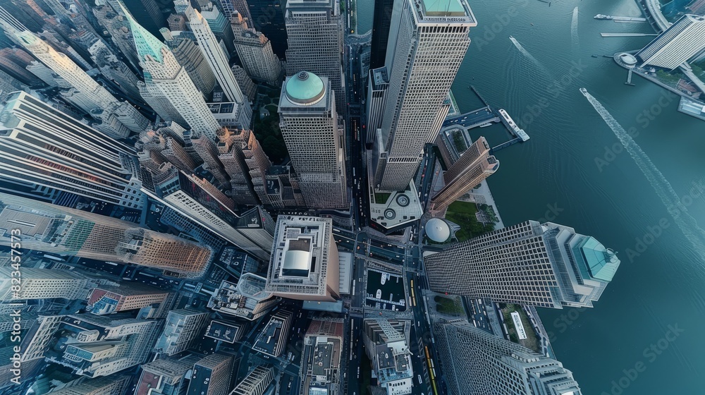 Aerial photo of Lower Manhattan architecture and a flyover of the Wall ...