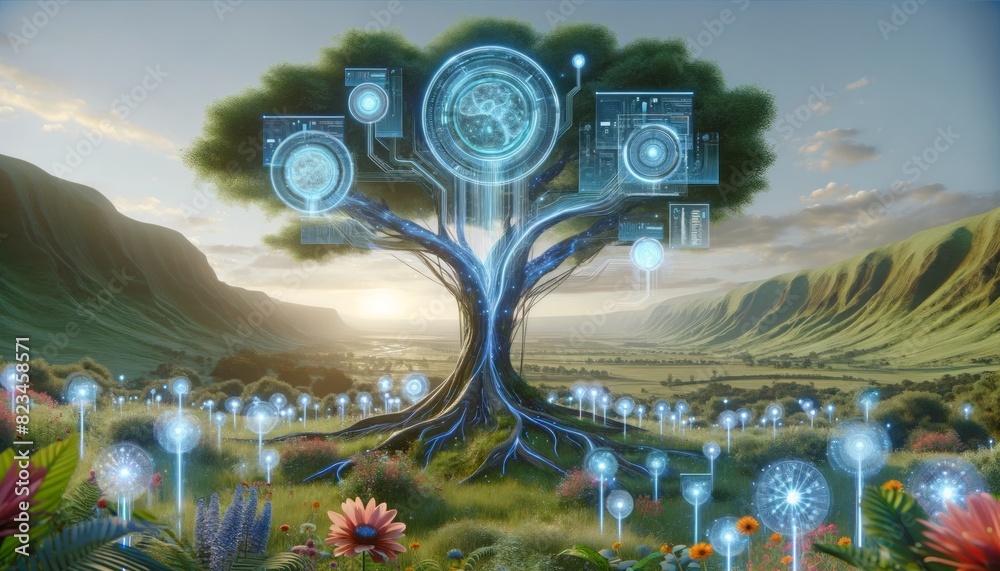 Advanced technological trees with digital screens, neuro and energy ...