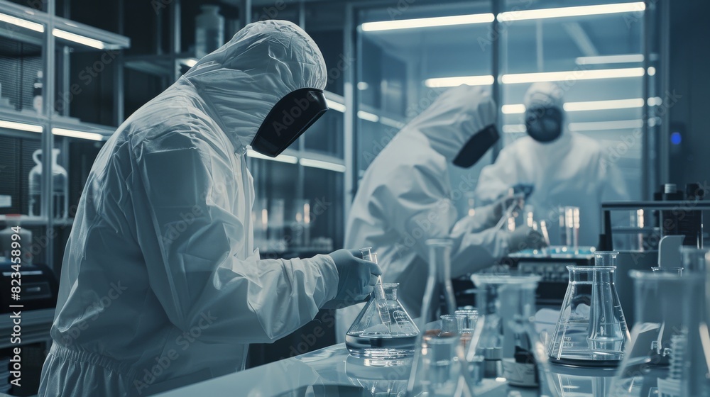 Researchers in a high-level laboratory are working in a secure ...