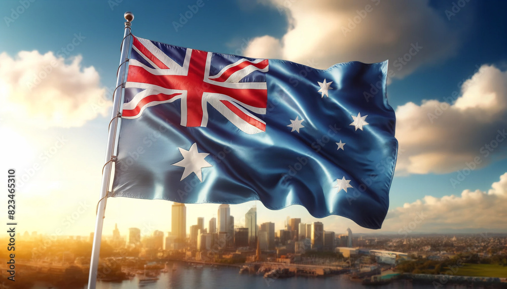 The image shows the Australian flag waving gently under the sunlight ...