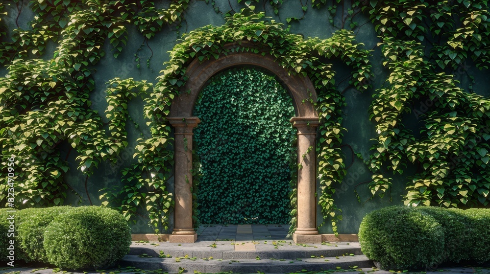 Arch with vines, green creeper portal. Historic gardens arc with marble ...